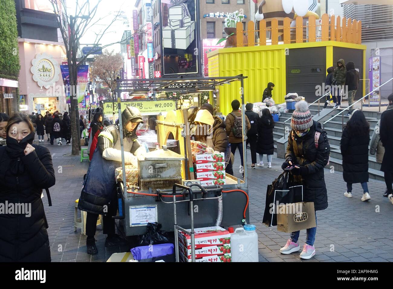 Seoul, South Korea - December 6th, 2019: Myeongdong district at evening ...