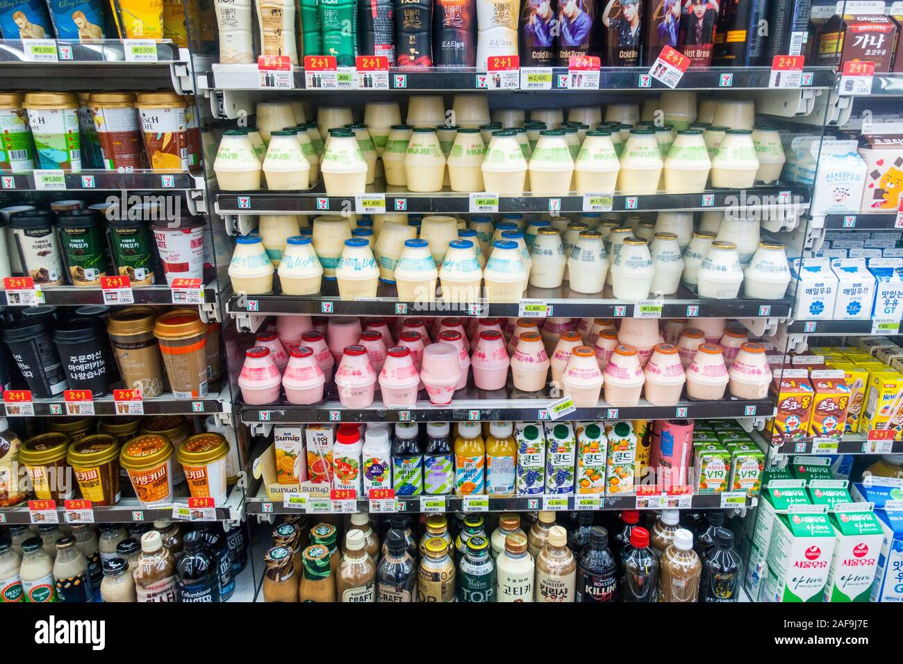 Seoul, South Korea, 2019: Drinks on display on shelf in convenience ...