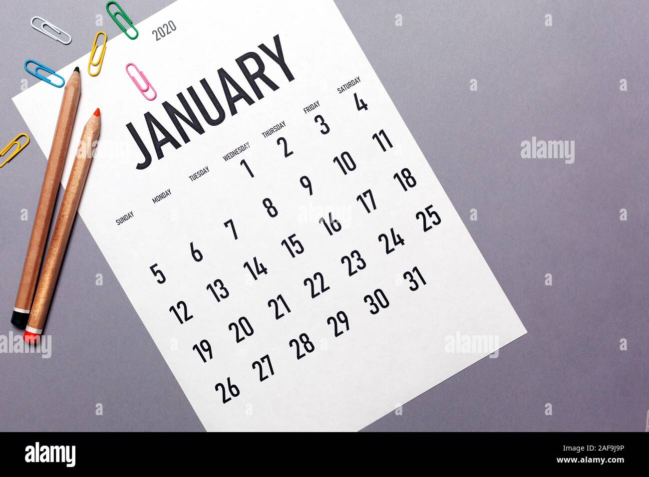 January 2020 simple calendar with office supplies and copy space Stock ...