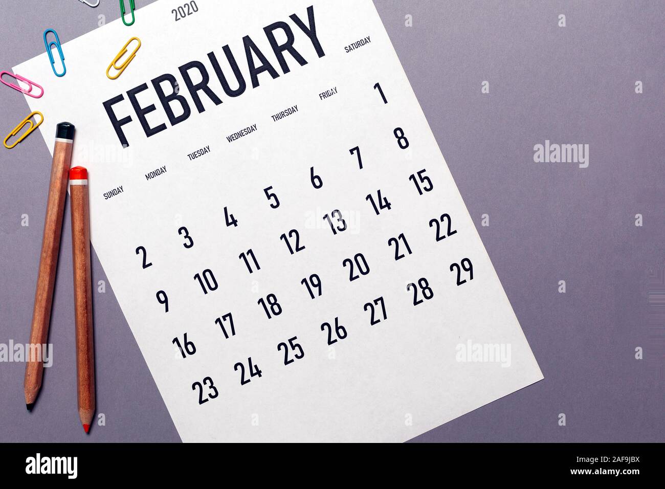 February 2020 simple calendar with office supplies and copy space Stock ...