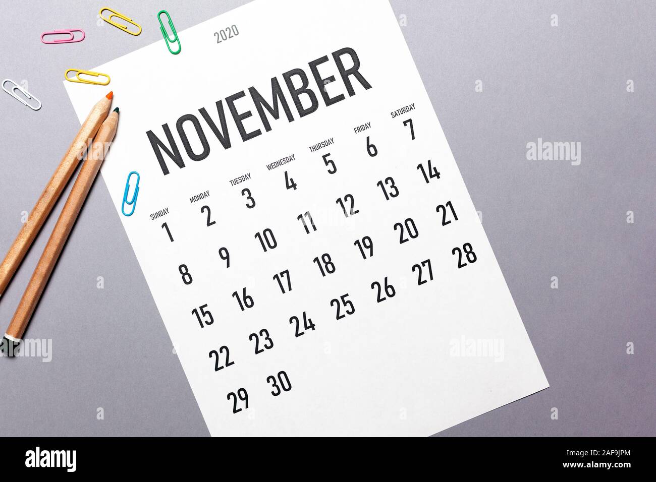 November 2020 simple calendar with office supplies and copy space Stock ...