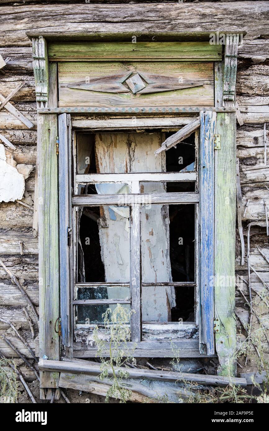 window of old destroyed wooden house Stock Photo - Alamy