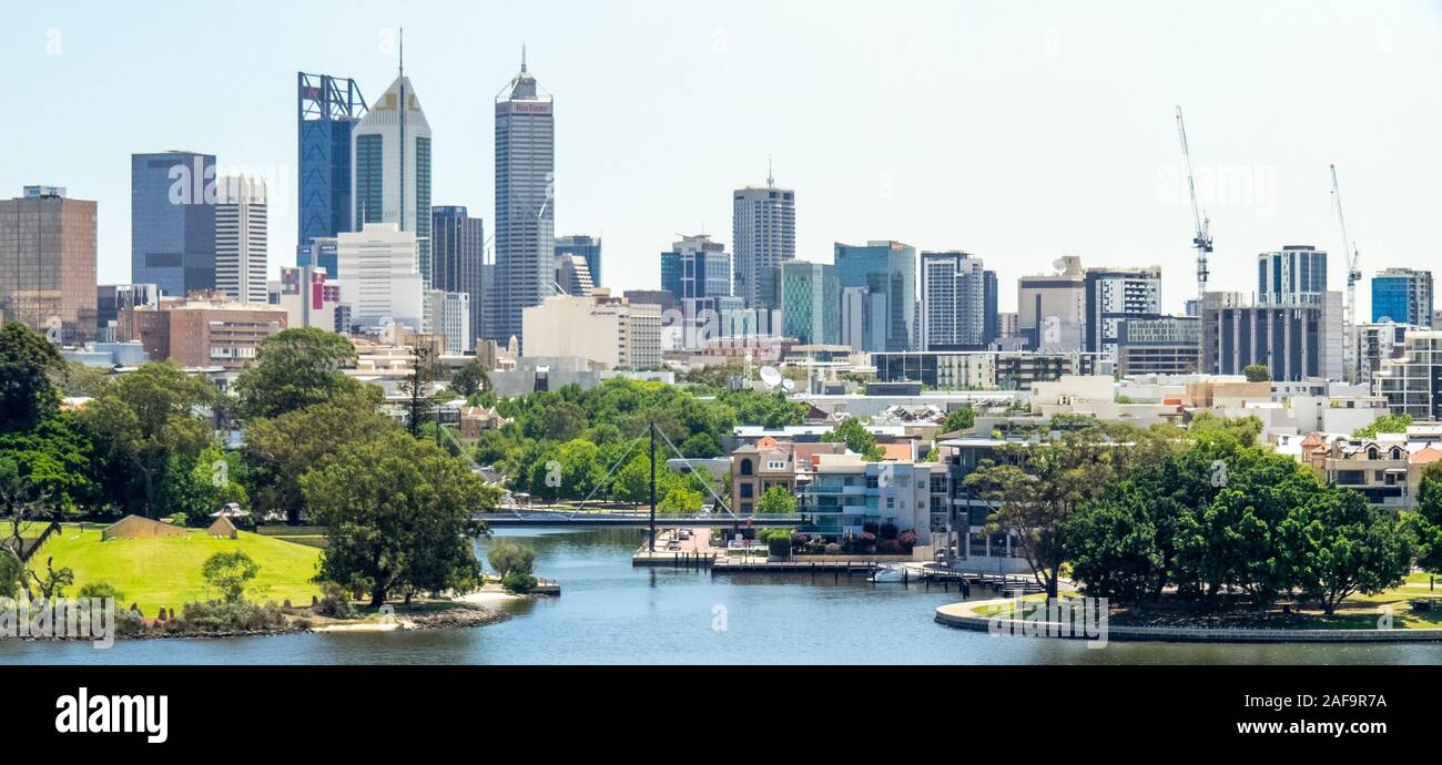 Perth city towers and skyscrapers skyline and entrance to Claisebrook ...