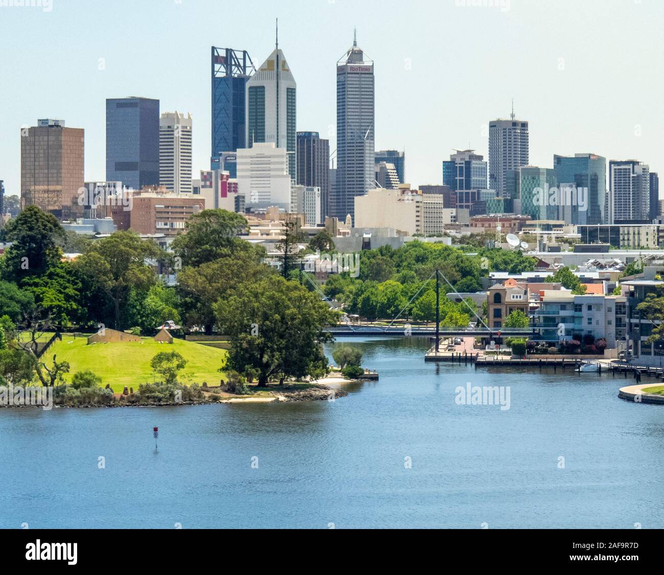 Perth city towers and skyscrapers skyline and entrance to Claisebrook ...