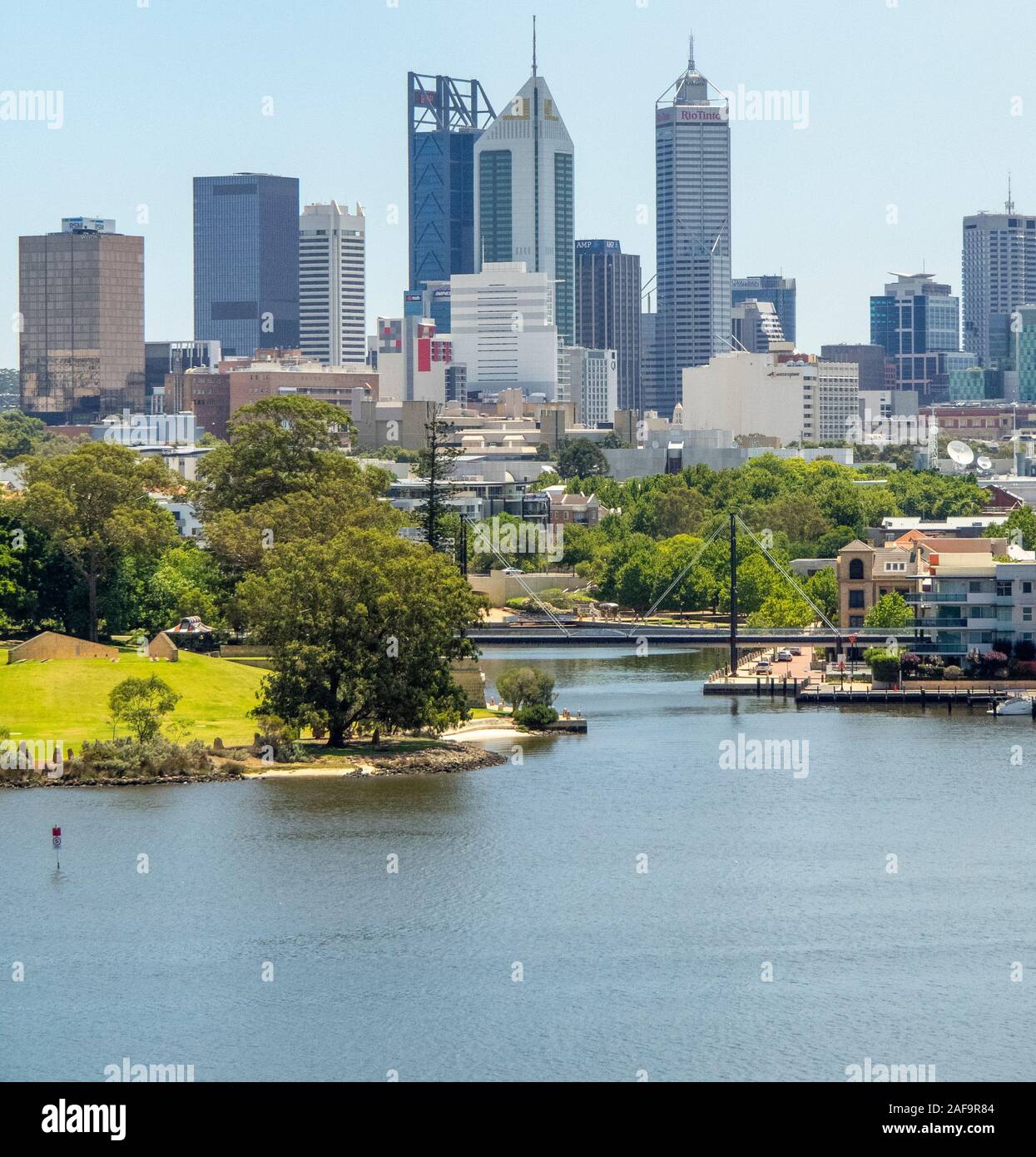Perth city towers and skyscrapers skyline and entrance to Claisebrook ...
