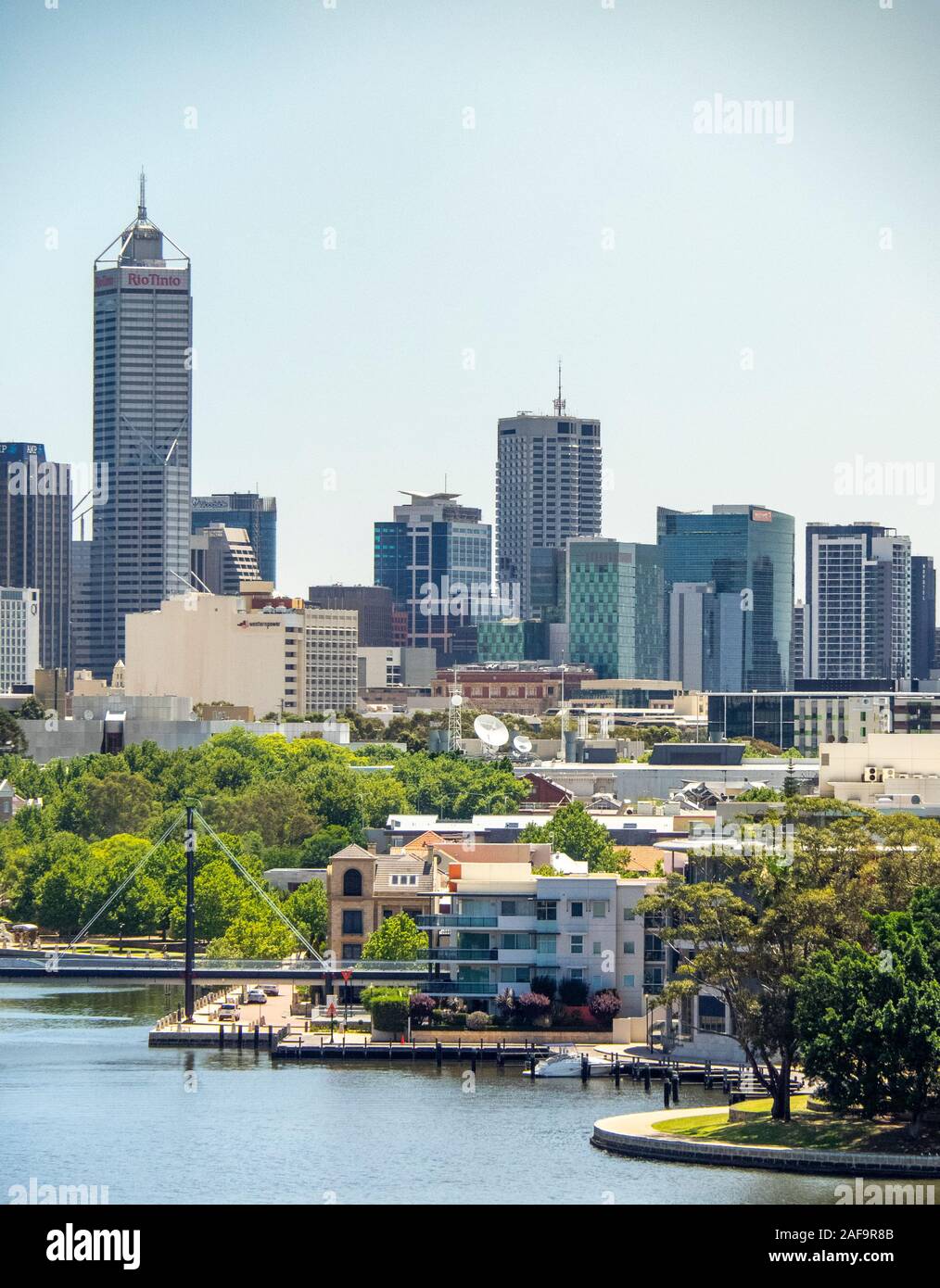 Perth city towers and skyscrapers skyline and entrance to Claisebrook ...