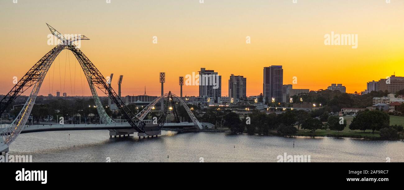 Sunset over Matagarup Bridge a suspension cable stayed pedestrian ...