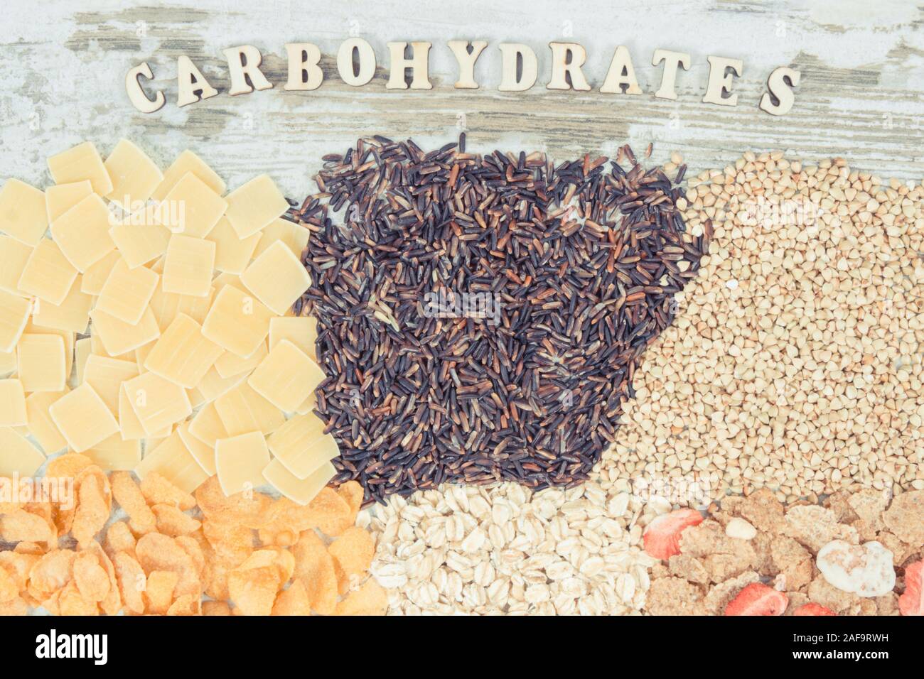 Vintage photo, Natural ingredients and products as source carbohydrates ...