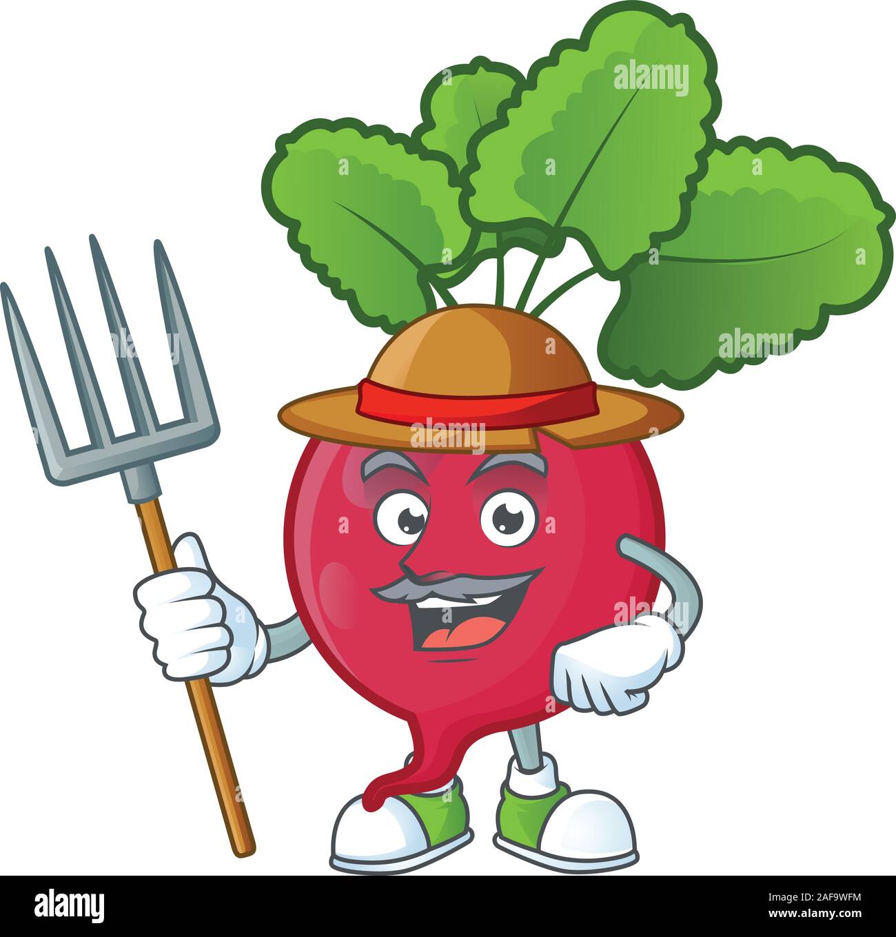 Happy Farmer red radish cartoon mascot with hat and tools Stock Vector ...