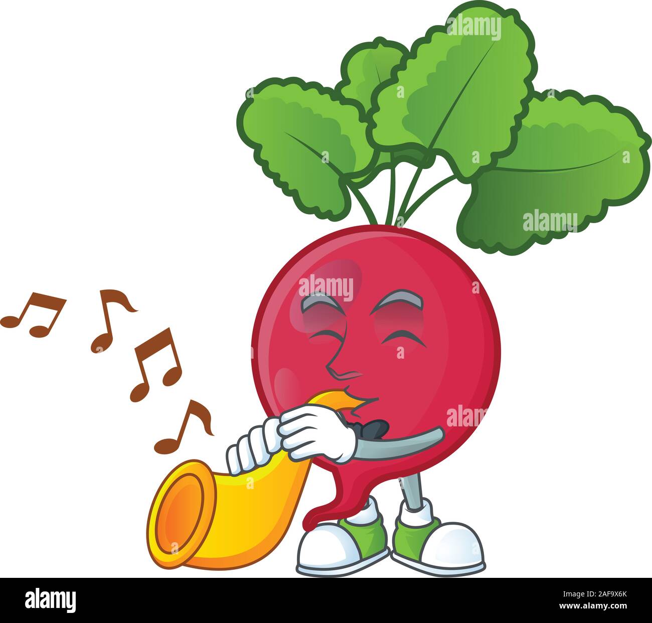 Cheerful red radish cartoon character performance with trumpet Stock ...