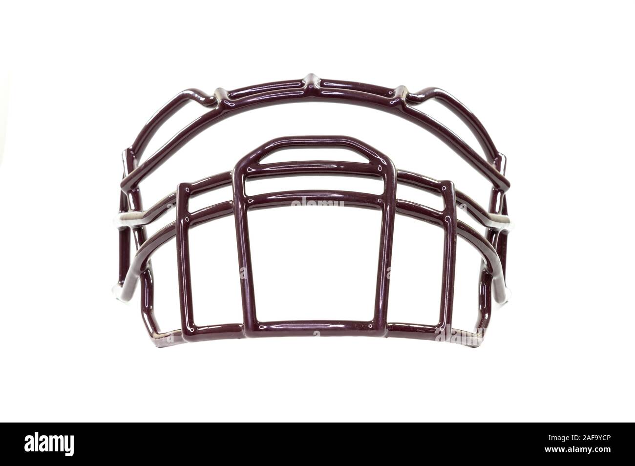 A football helmet's facemask isolated on white background, from below ...