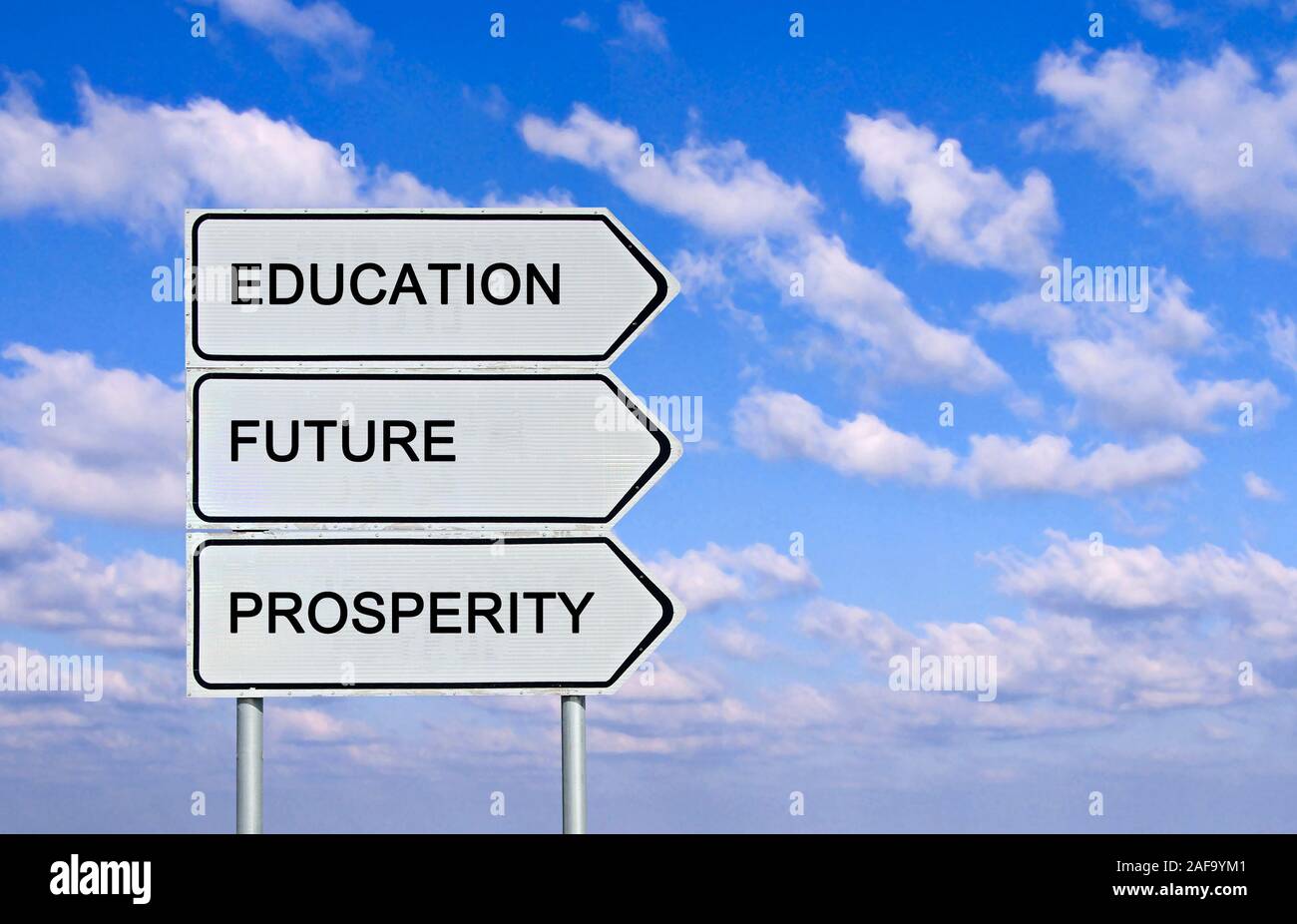Road sign to education,prosperity, and and future Stock Photo - Alamy