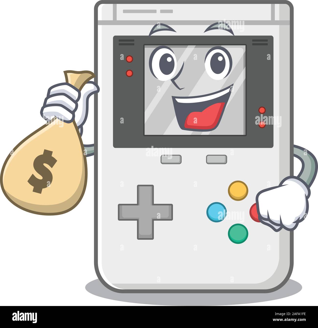 Smiley handheld game Scroll cartoon character with money bag Stock ...