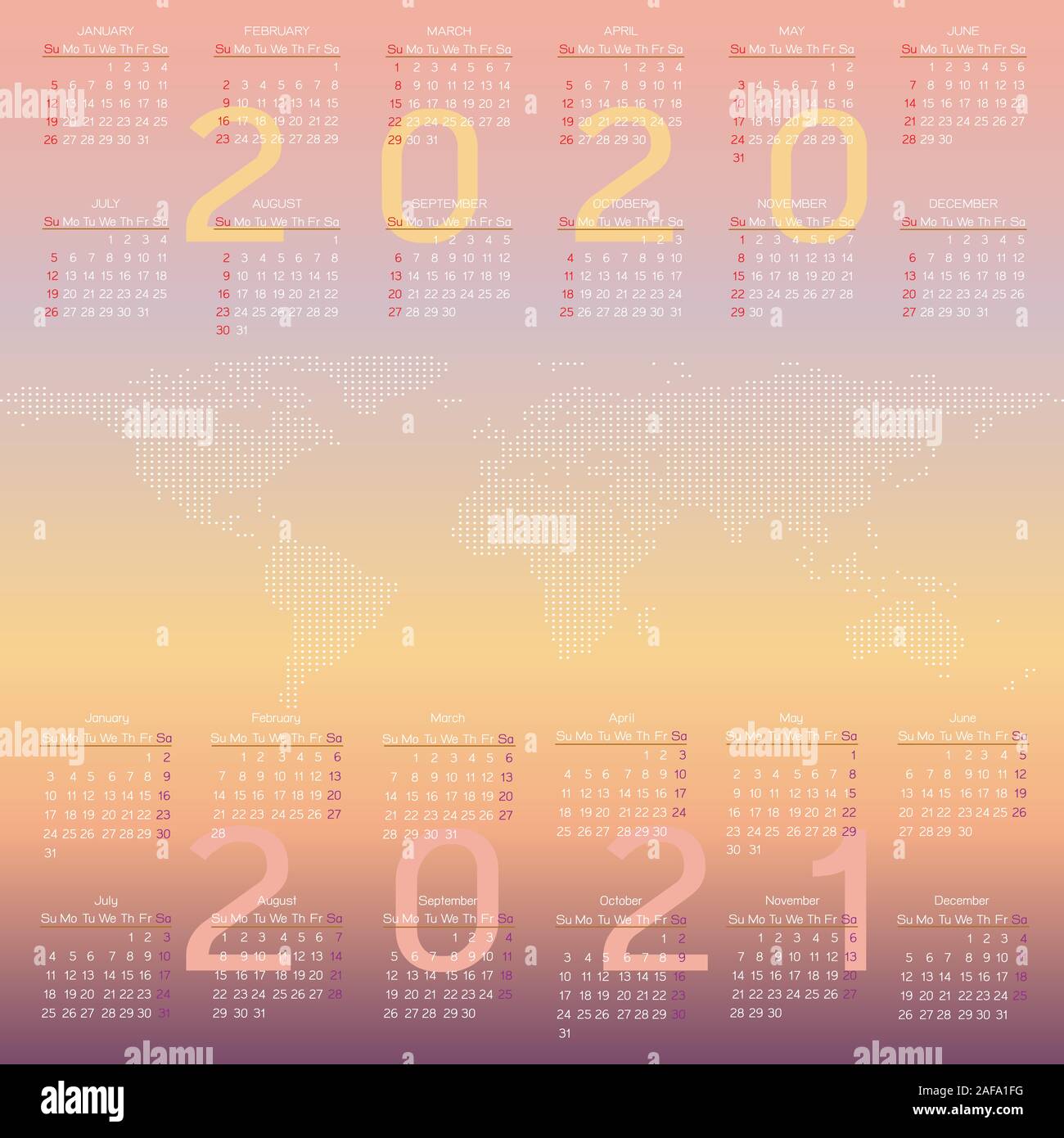 Year planner calendar of 2020 and 2021 on map background, stock vector ...