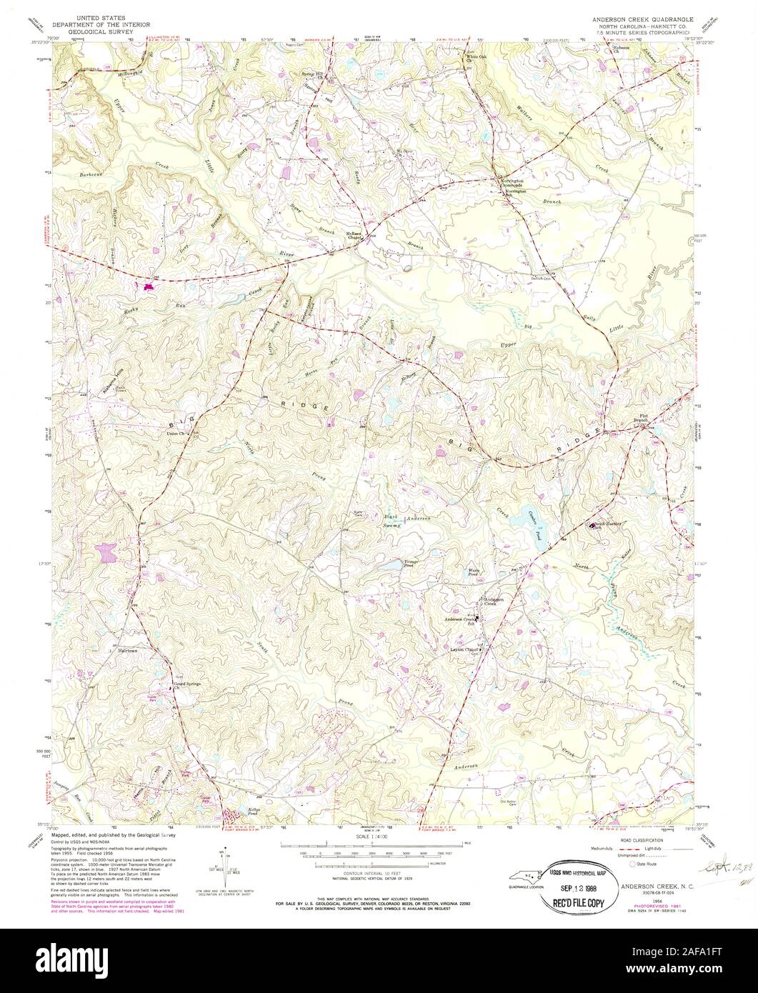 USGS TOPO Map North Carolina NC Anderson Creek 161846 1956 24000 Restoration Stock Photo - Alamy