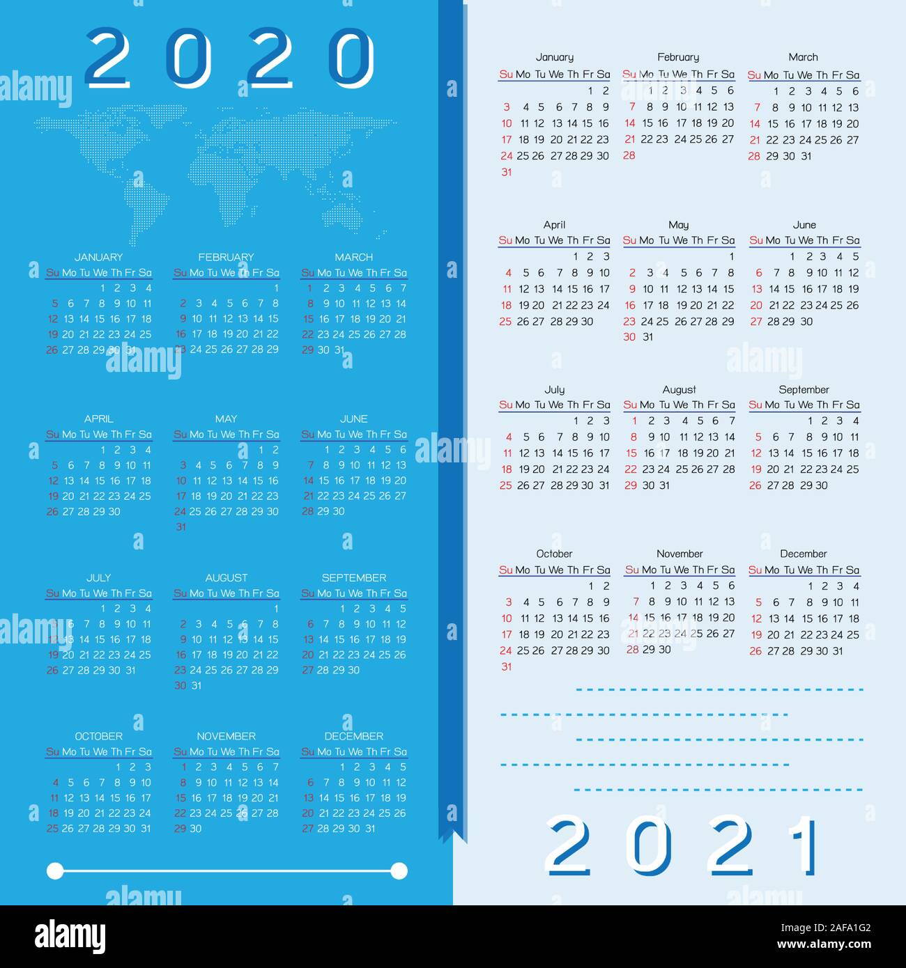 Year planner calendar page of 2020 and 2021, stock vector Stock Vector ...