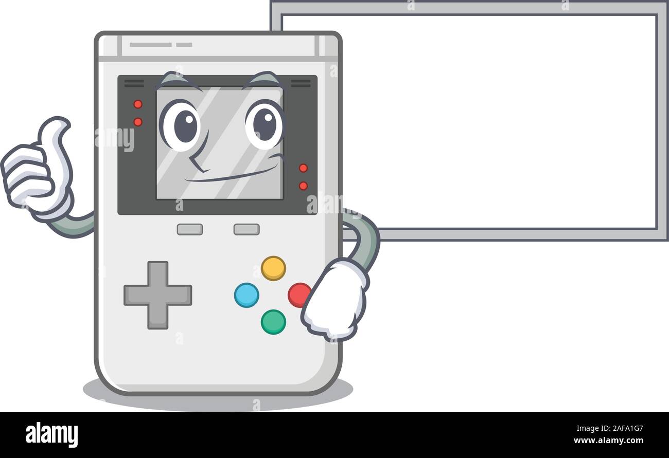 cute handheld game Scroll cartoon character Thumbs up with board Stock ...