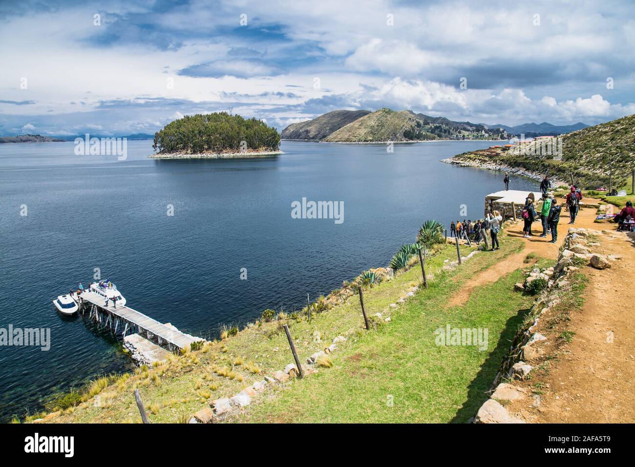 Isla del Sol Island , Bolivia- Jan 4, 2019: Tourists on Isla del Sol ...