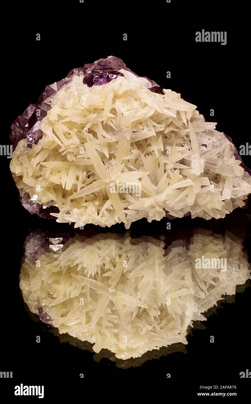 Angular Calcite Mineral needles growing over Purple Amethyst. Crystal ...