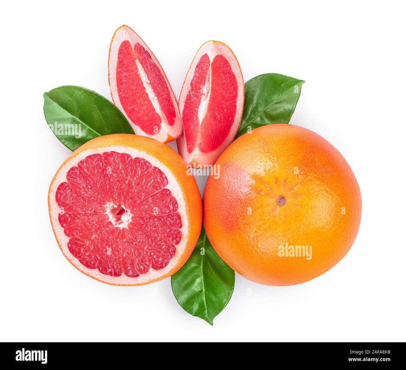 Grapefruit and slices with leaves isolated on white background. Top ...