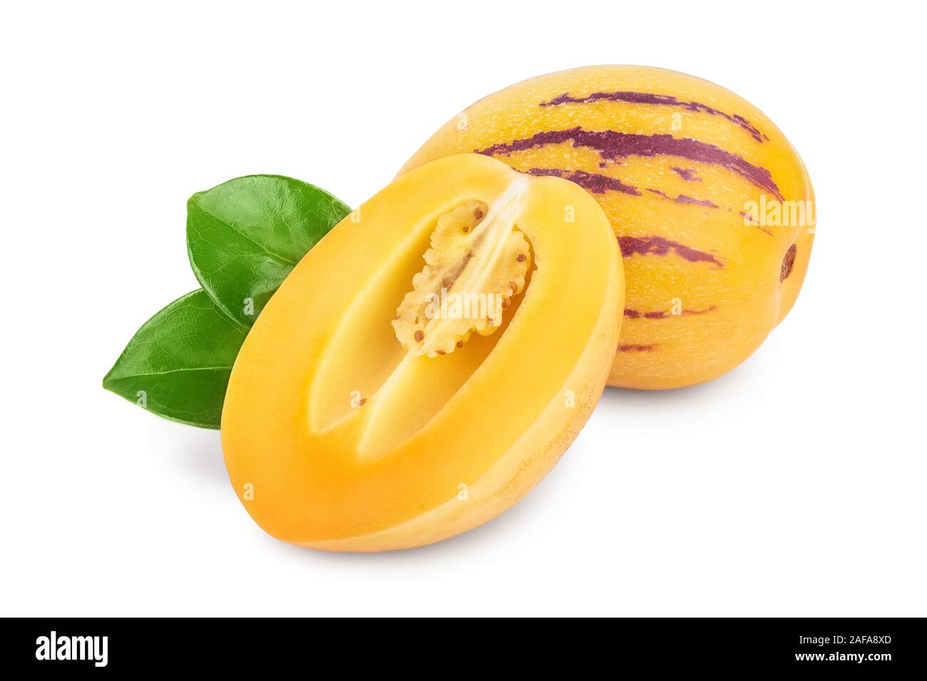 Fresh Pepino fruit with leaves isolated on white background Stock Photo ...