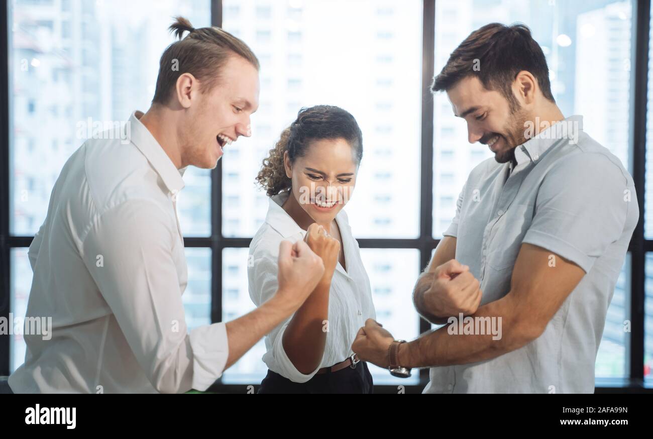 Portrait success business teamwork. Happy business team celebrating for ...