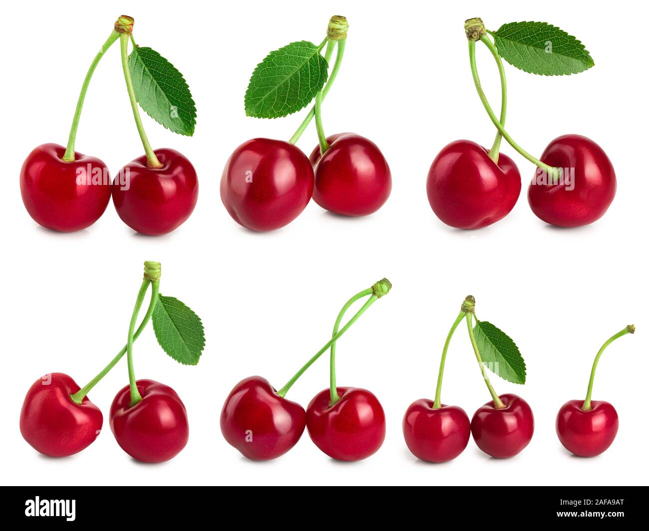 Set of cherries with leaf and cut closeup isolated on white background ...
