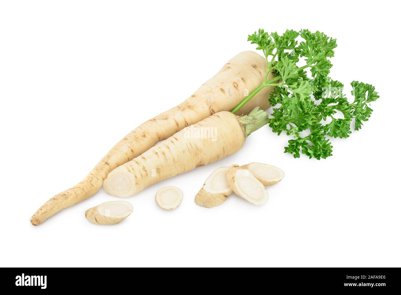 Parsley root with slices and leaves isolated on white background Stock ...