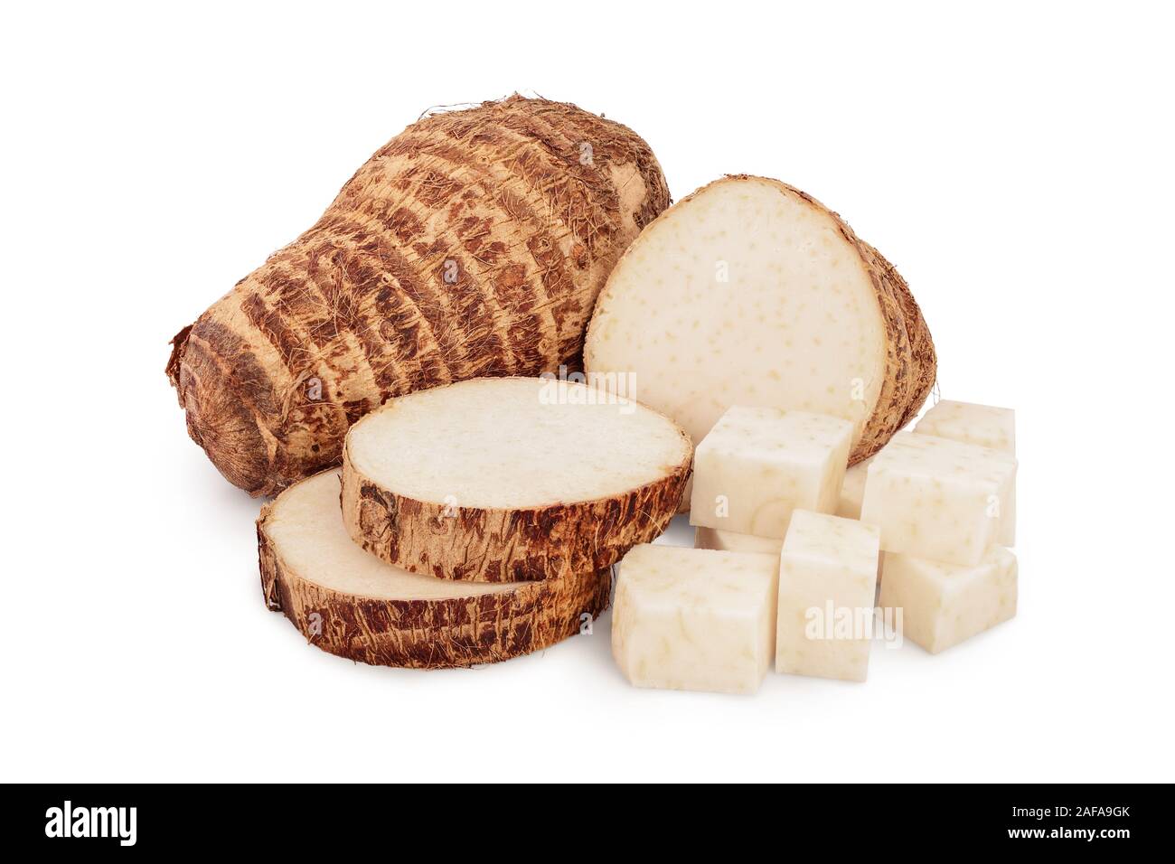 fresh taro root with slices isolated on white background Stock Photo ...