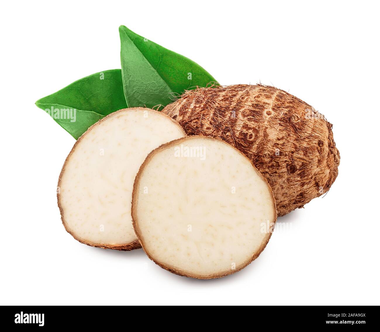 fresh taro root with slices and leaf isolated on white background Stock ...