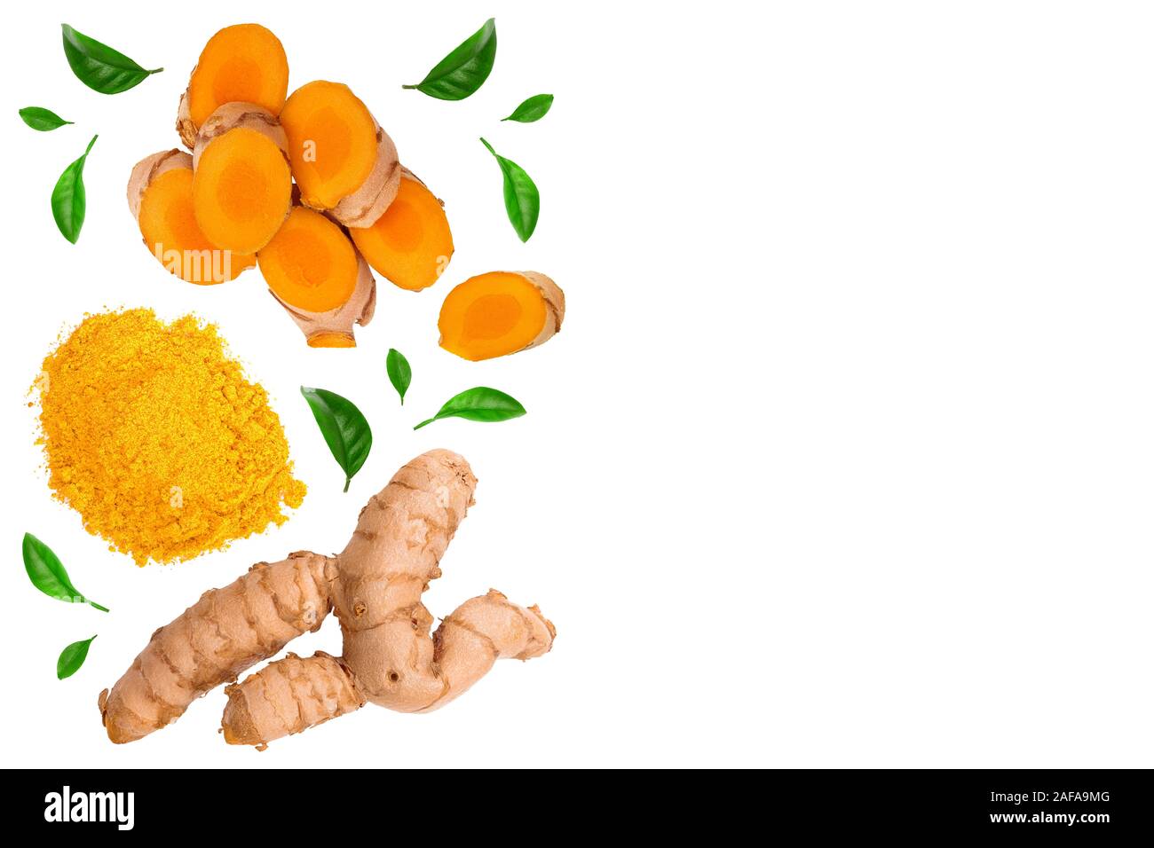 Turmeric powder and turmeric root isolated on white background. Top ...