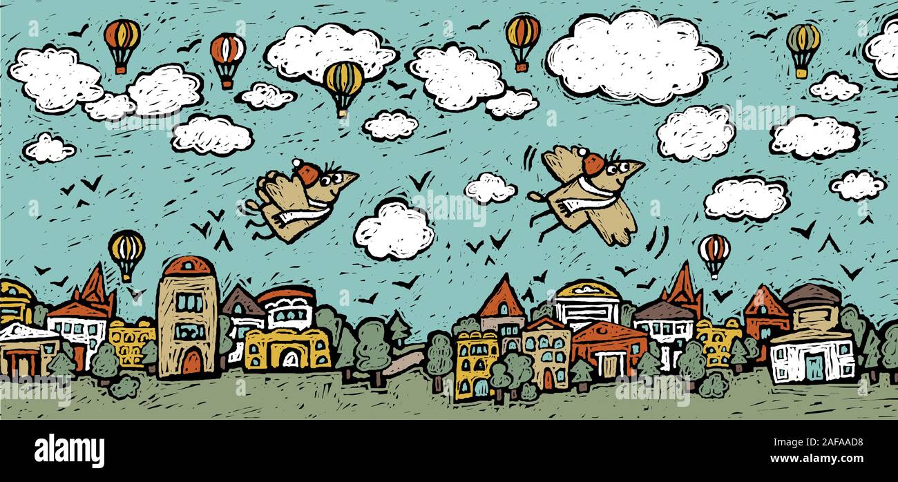 Freedom fly bird sky clouds houses landscape. Color vector illustration ...
