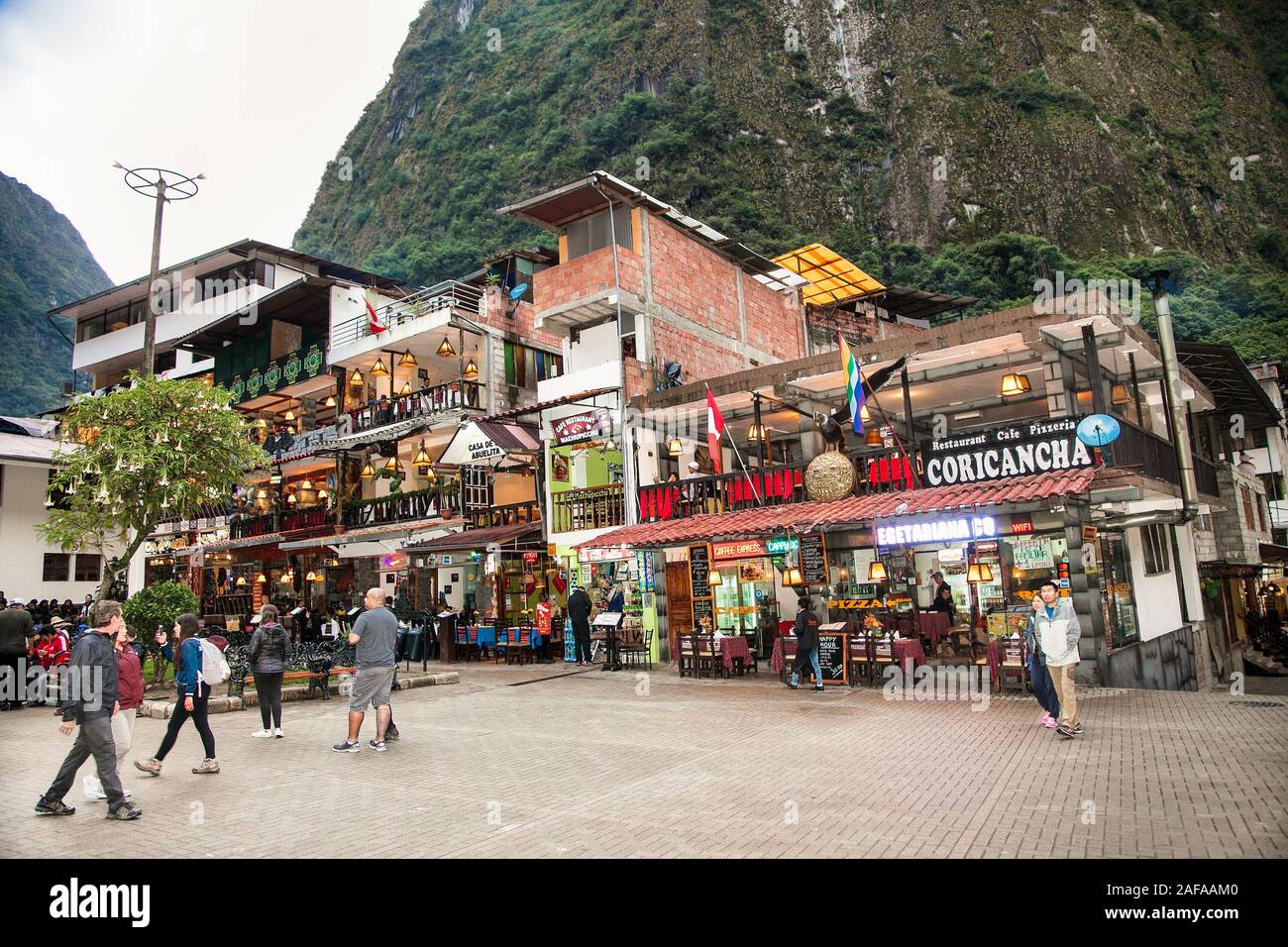 Machu Picchu Pueblo, Peru - Jan 7, 2019: Central city square. Machu ...