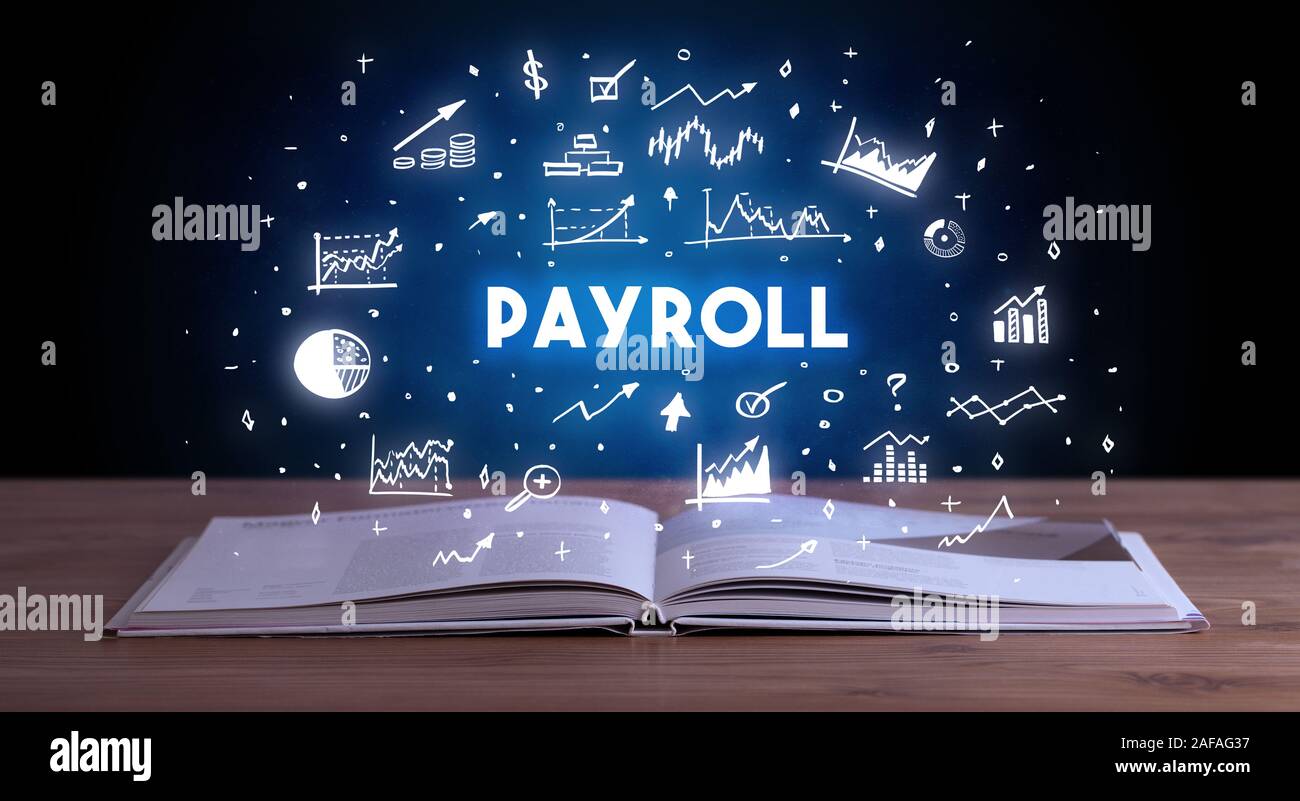 PAYROLL inscription coming out from an open book, business concept ...