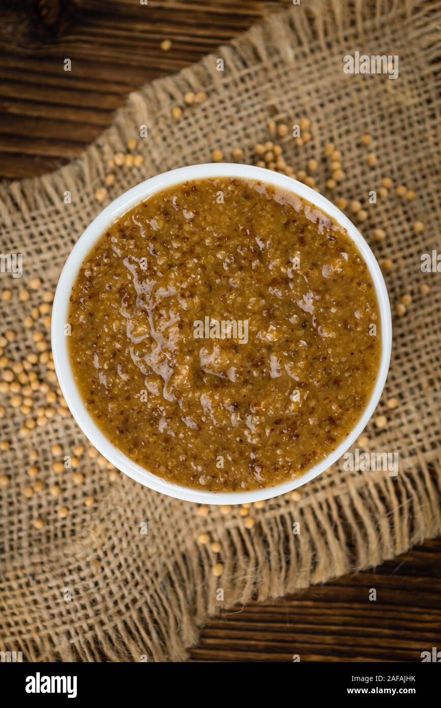 Fresh made German Cuisine (sweet Mustard) on a vintage background ...