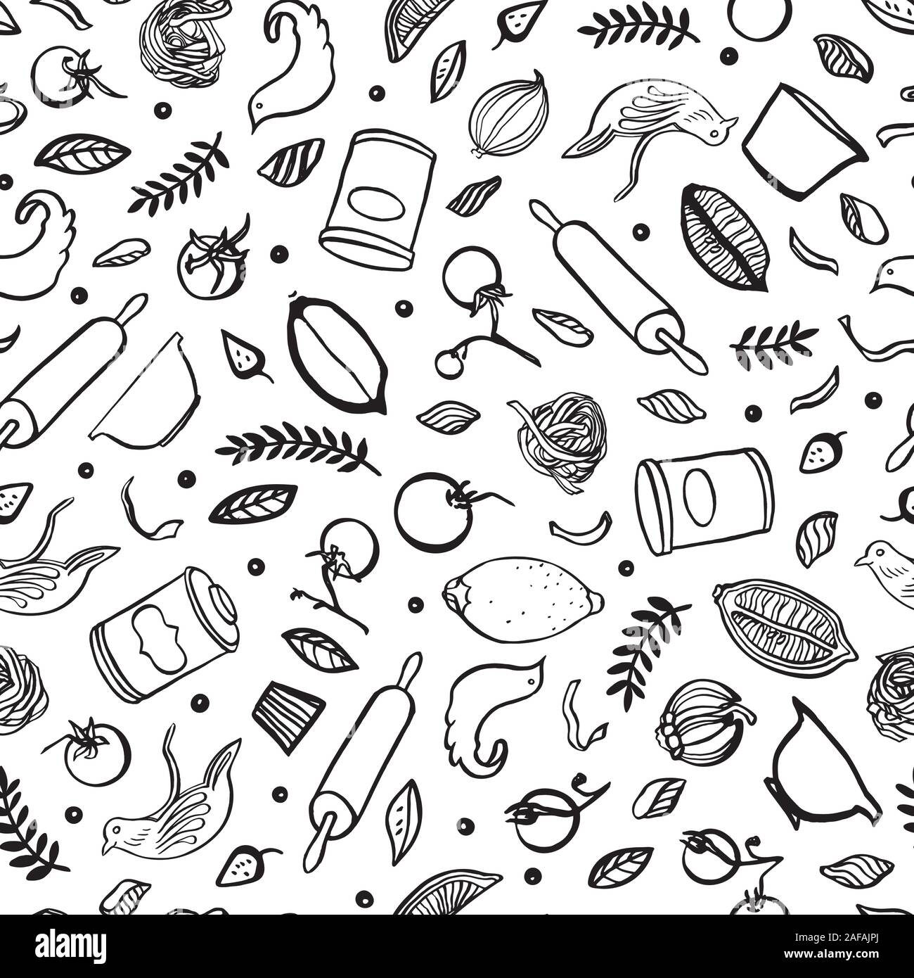 Hand drawn kitchen utensil food pattern. Seamless vector background ...