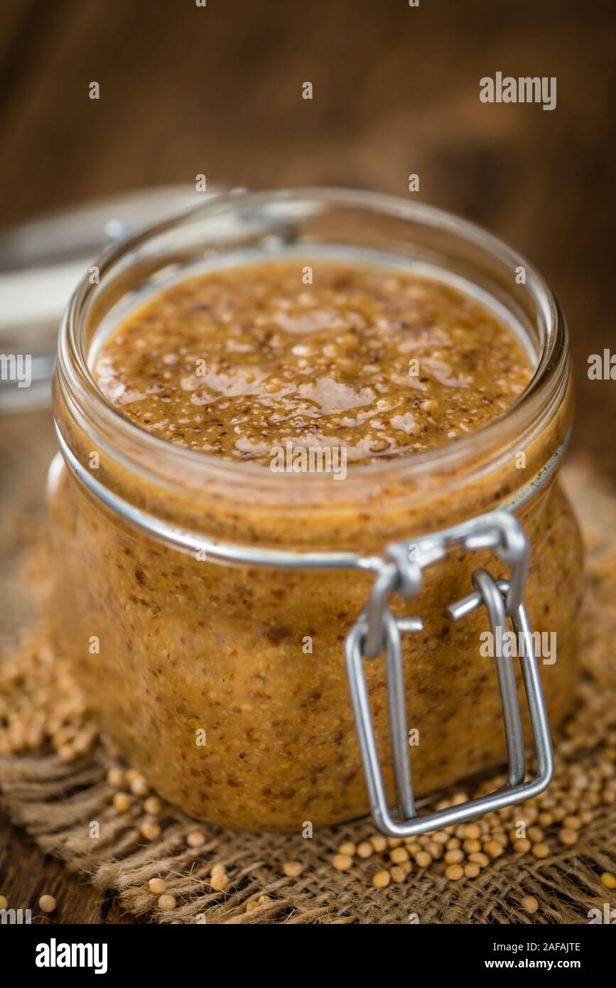 Fresh made German Cuisine (sweet Mustard) on a vintage background ...