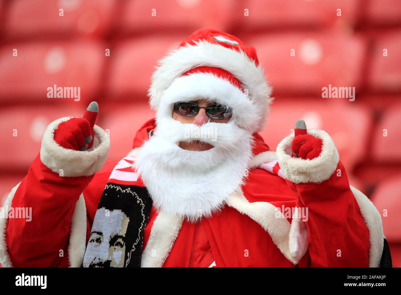 A Liverpool fan dressed as Santa Claus in stands during the Premier ...