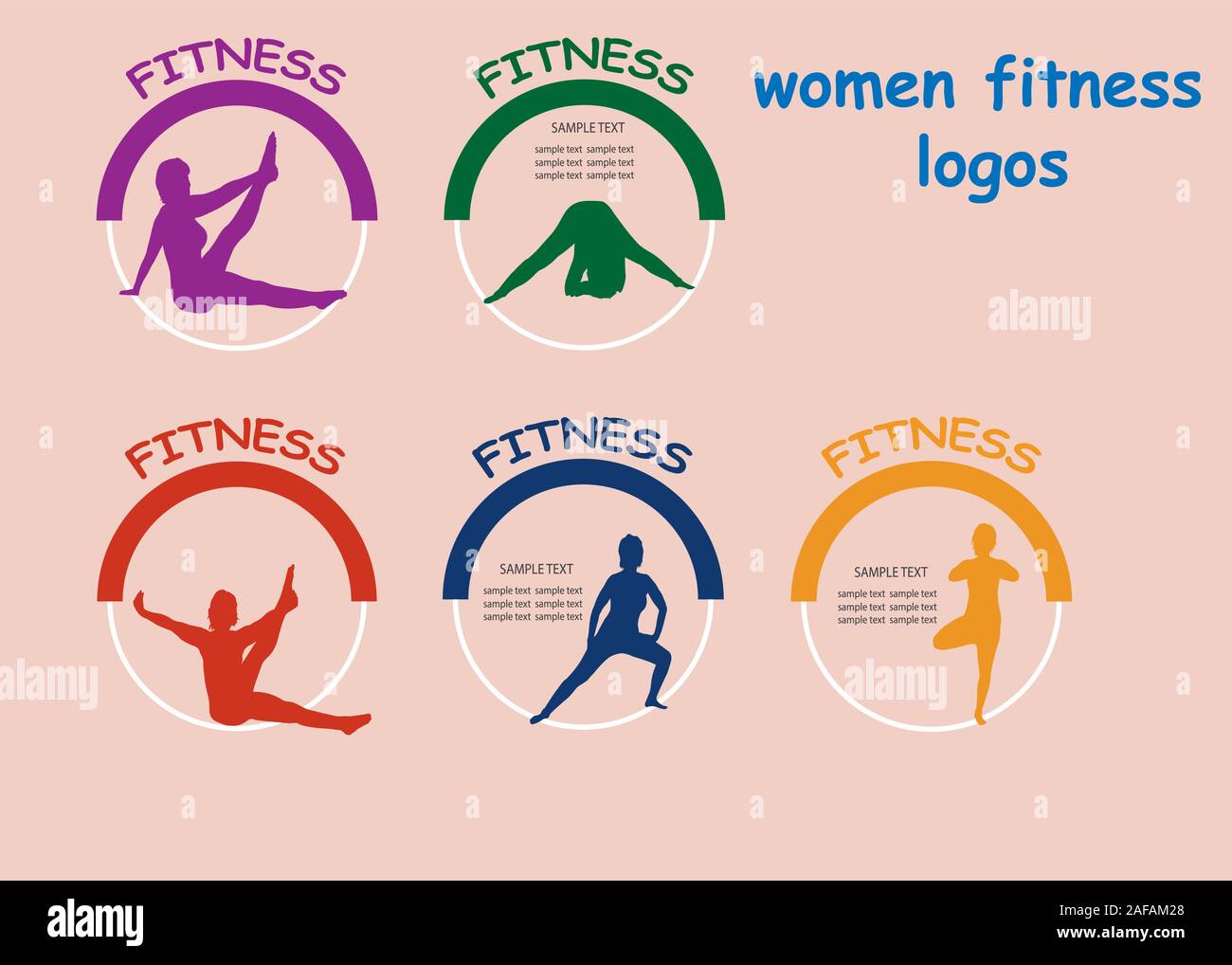 Collection of colorful logos of fitness with silhouette of exercising ...