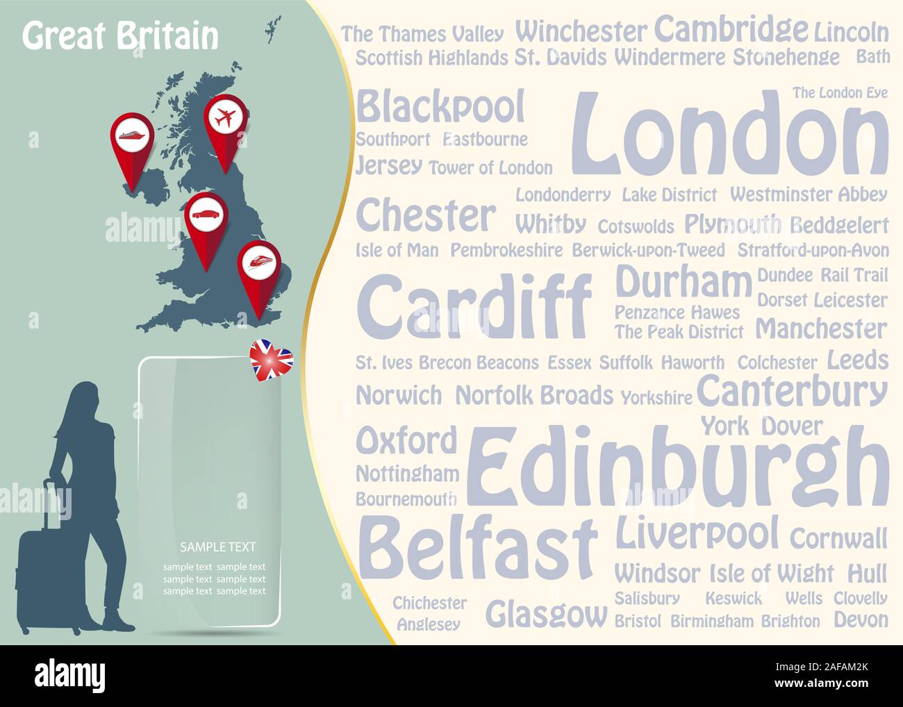 Travel to Great Britain concept with map of Great Britain, silhouette ...