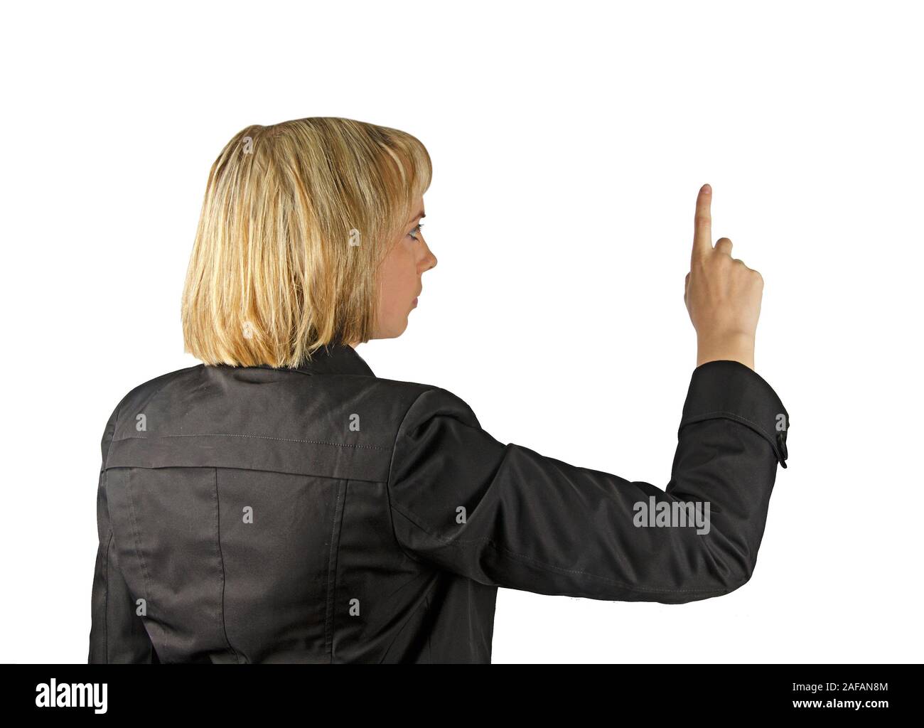 Woman pressing on virtual screen Stock Photo - Alamy