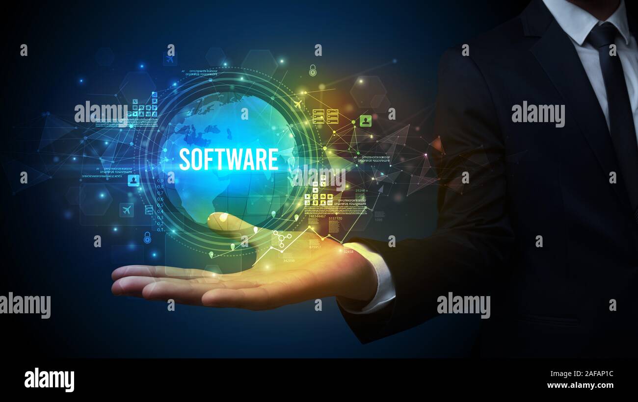 Elegant hand holding SOFTWARE inscription, digital technology concept ...