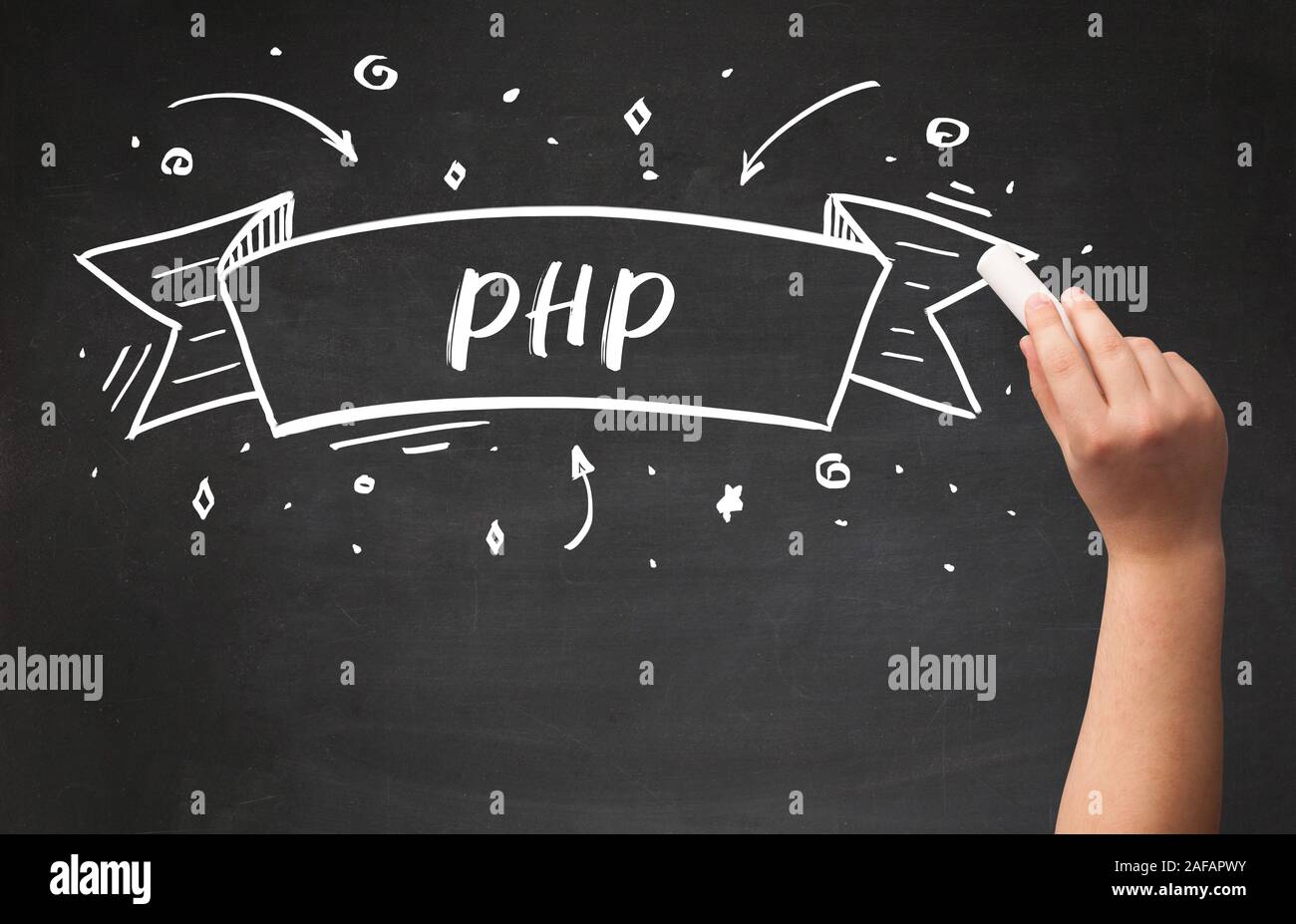 Hand drawing PHP abbreviation with white chalk on blackboard Stock ...