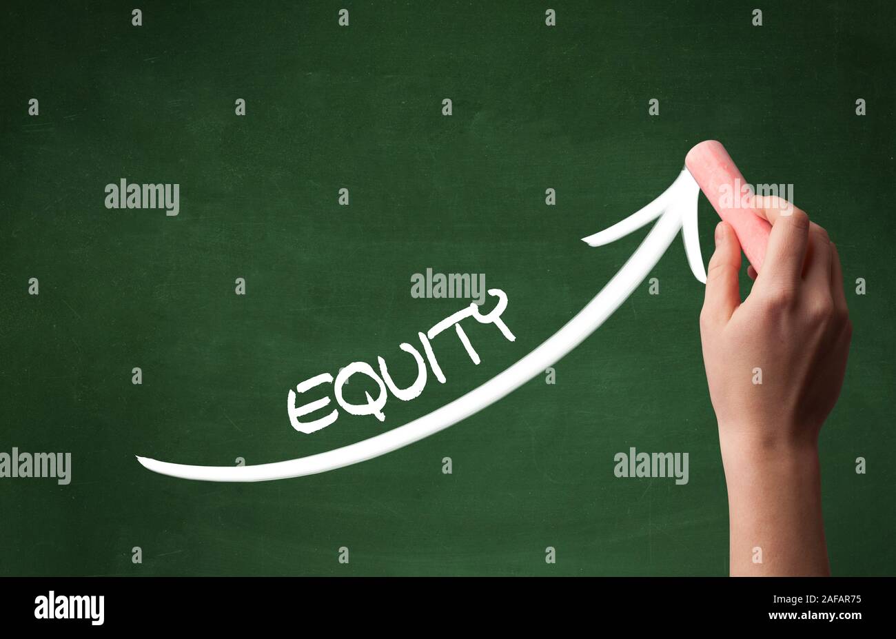 Hand drawing EQUITY inscription with white chalk on blackboard ...