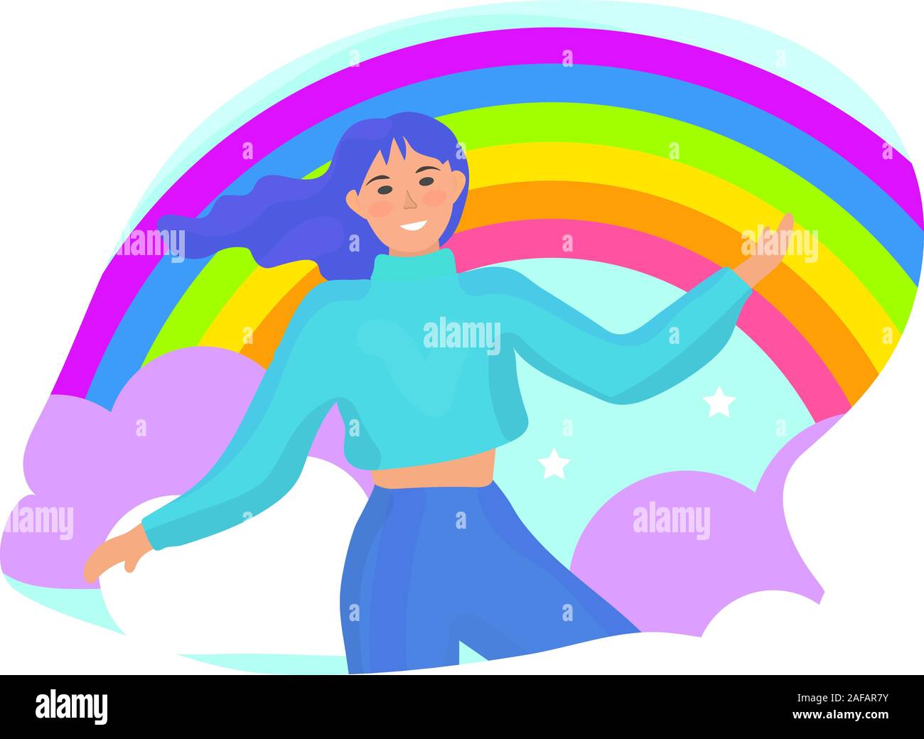Girl on a rainbow background, joy happiness, holiday concept. Vector ...