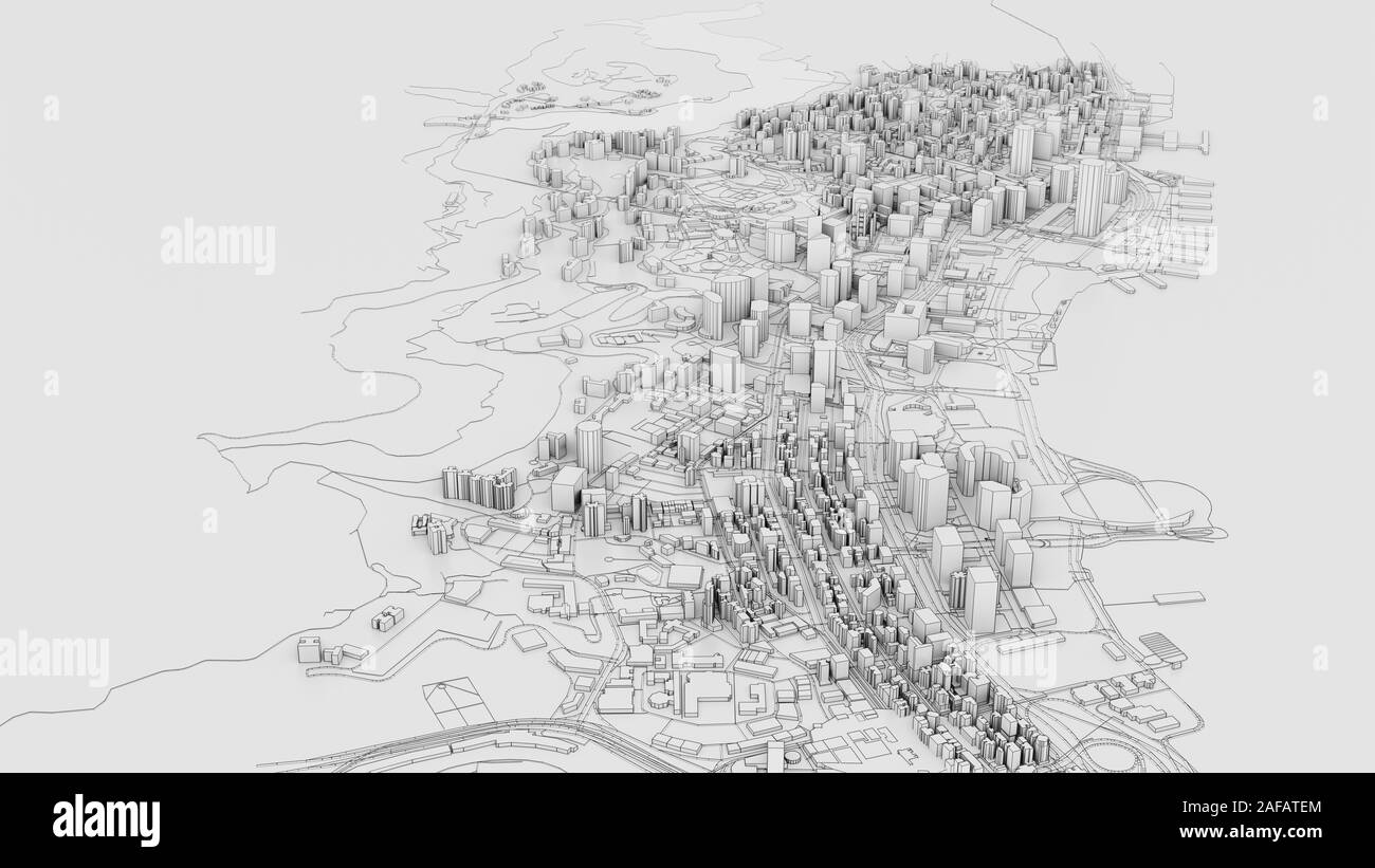 3D white city model. Outline 3D illustration. City with buildings ...