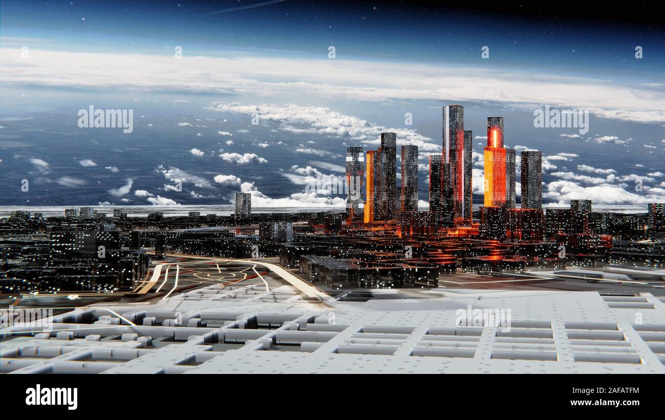 Futuristic glass city with luminous windows. Luminous roads and bright ...