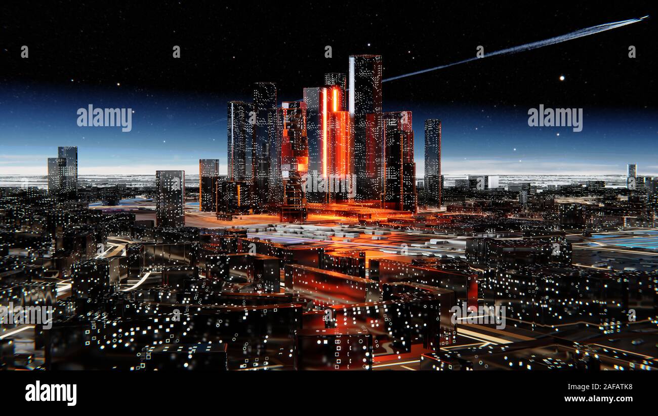 Futuristic glass city with luminous windows. Luminous roads and bright ...