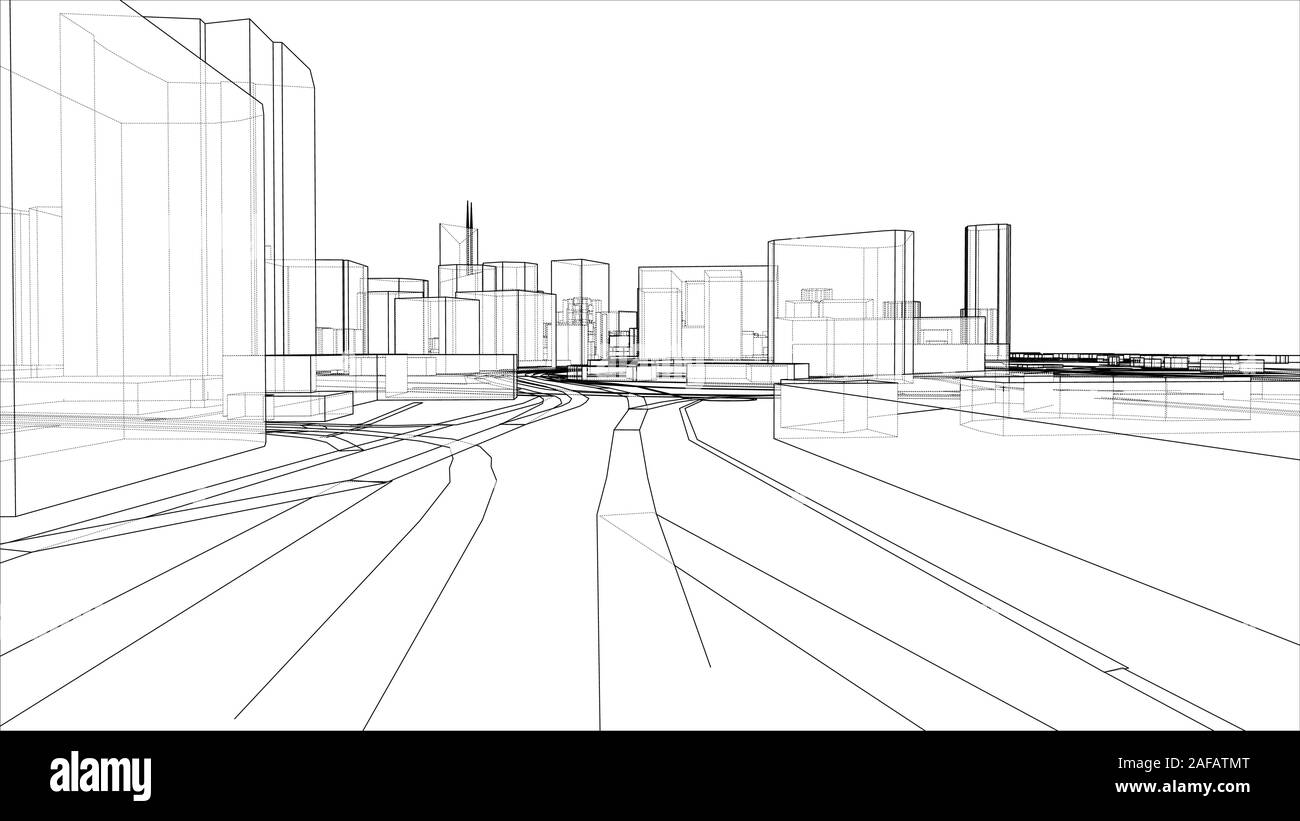 A schematic drawing or sketch of a 3D city with buildings and roads ...