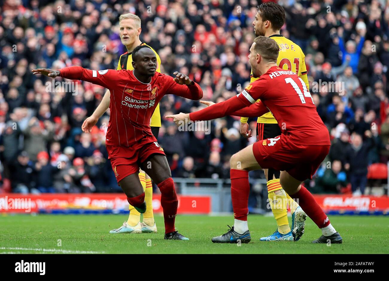 Liverpool's Sadio Mane celebrates scoring before the goal is ruled ...